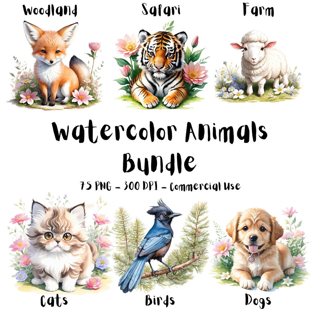 Watercolor Animals Bundle | Watercolor Woodland, Safari, Farm, Dogs ...