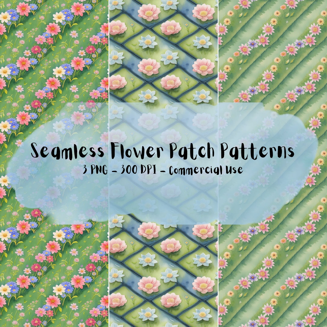 Flower Patch Seamless Pattern Bundle | 3 Watercolor Flower Patch Files ...