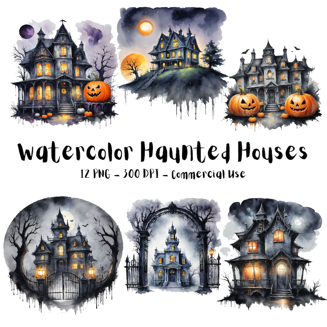 Watercolor Haunted House | 12 Watercolor Haunted Houses Clipart ...