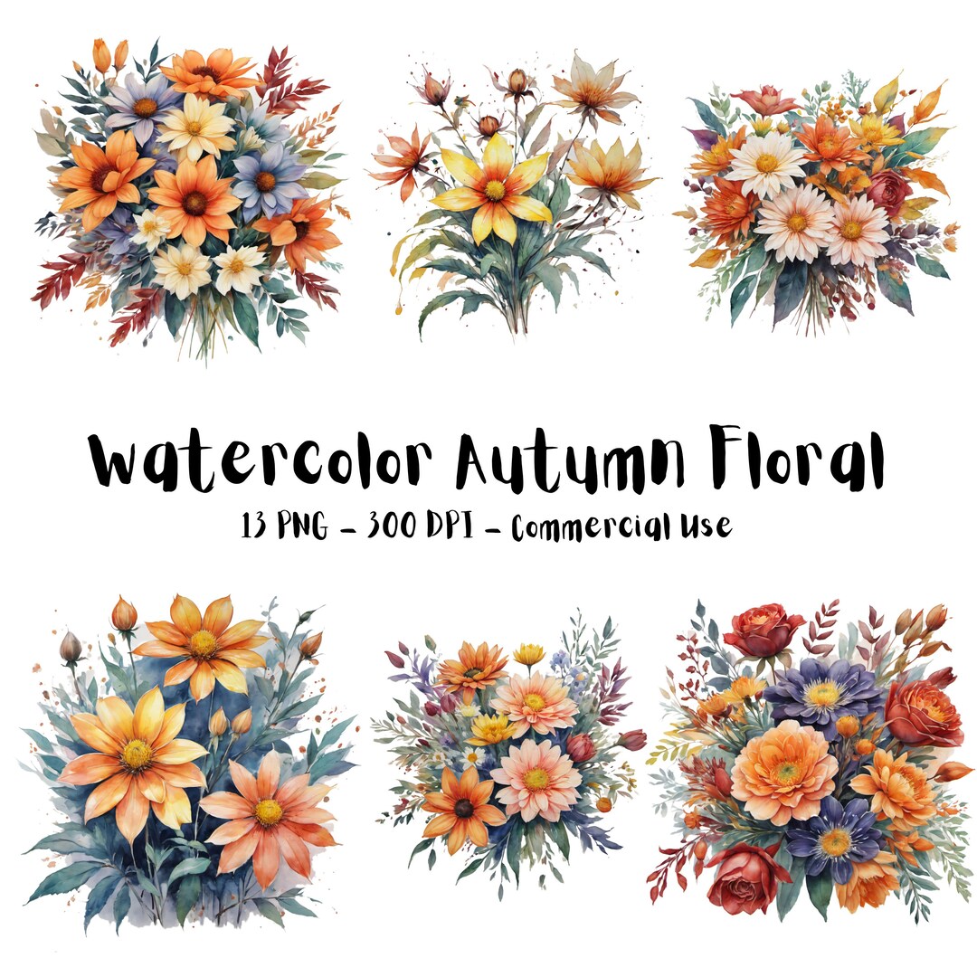 Watercolor Autumn Floral Clipart Bundle of 13 | Autumn Bouquets Clipart ...