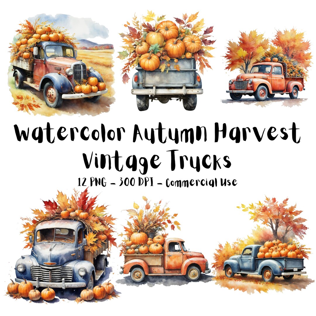 Watercolor Autumn Harvest Vintage Trucks | 12 Autumn Truck Clipart ...