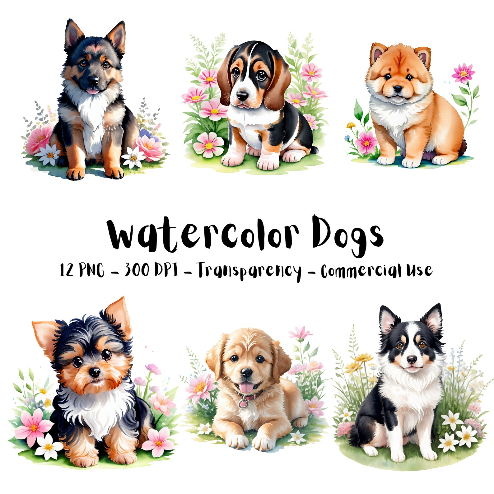 Watercolor Dogs PNG Bundle 12 Cute Dogs Animal Clipart for Nursery Baby ...