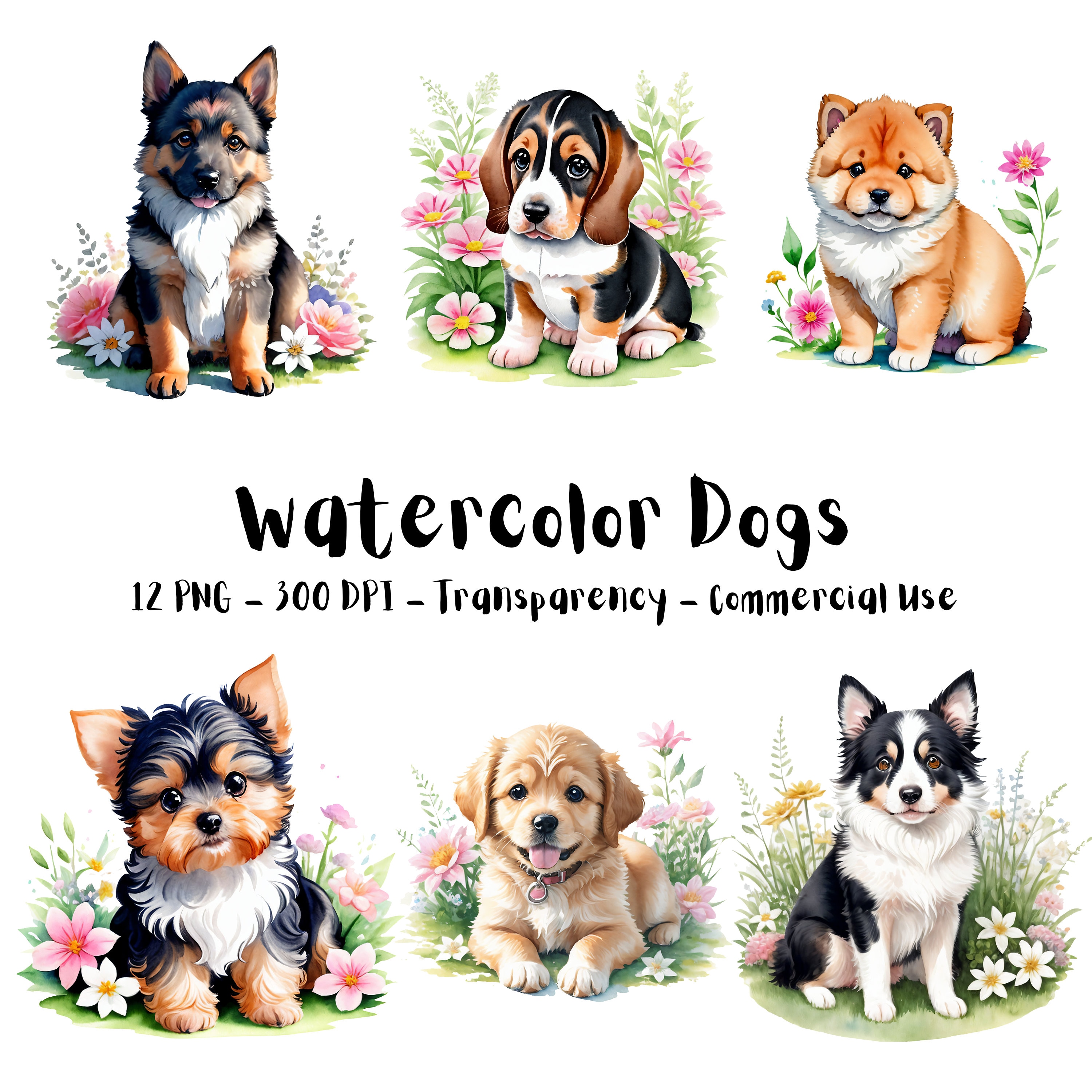 Watercolor Dogs PNG Bundle 12 Cute Dogs Animal Clipart for Nursery Baby ...