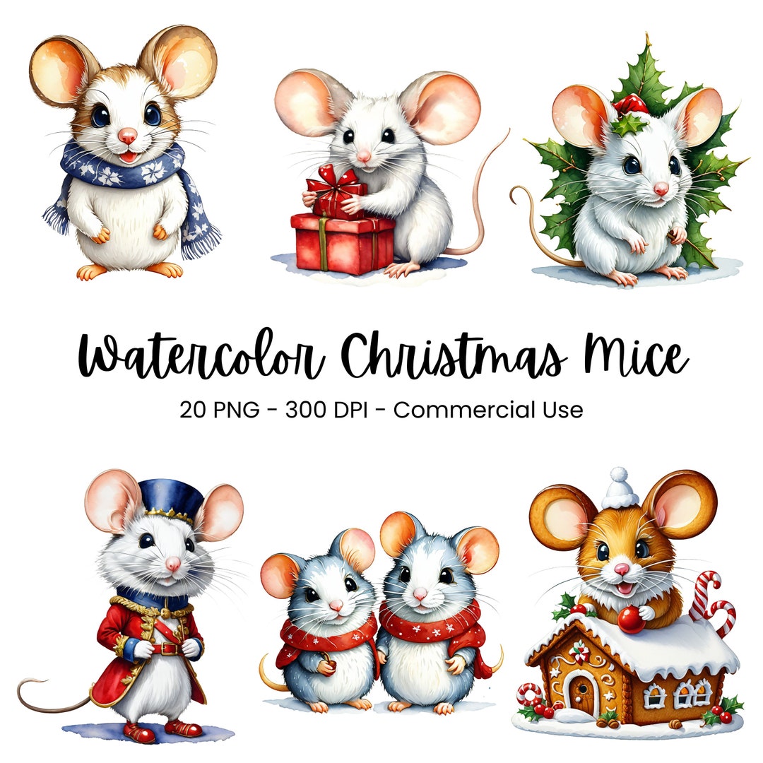 Watercolor Christmas Mice | 20 Watercolor Christmas Mouse Clipart ...