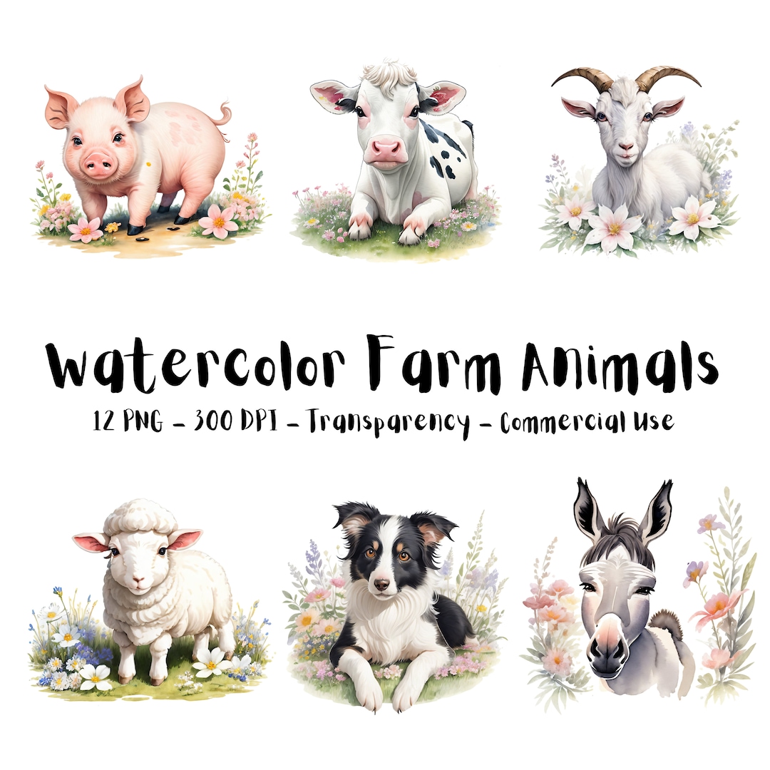 Watercolor Farm Animals PNG Bundle | 12 Cute Barnyard Animal Clipart ...