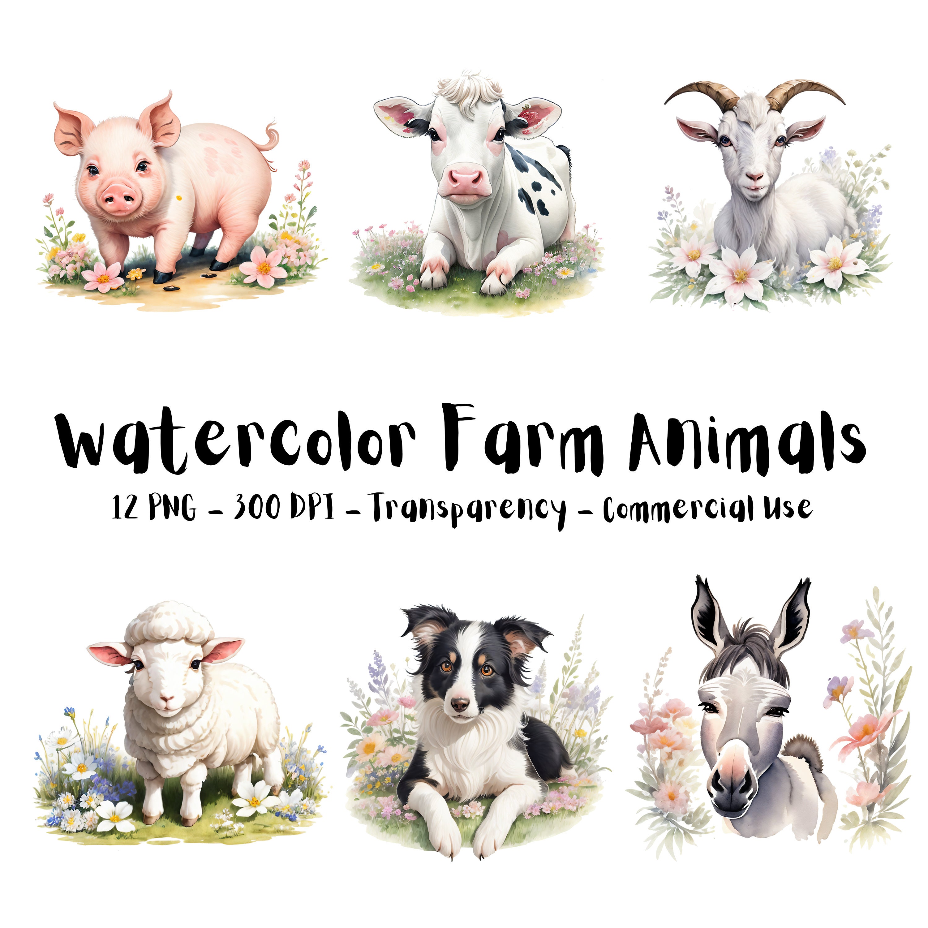 Watercolor Farm Animals PNG Bundle | 12 Cute Barnyard Animal Clipart ...