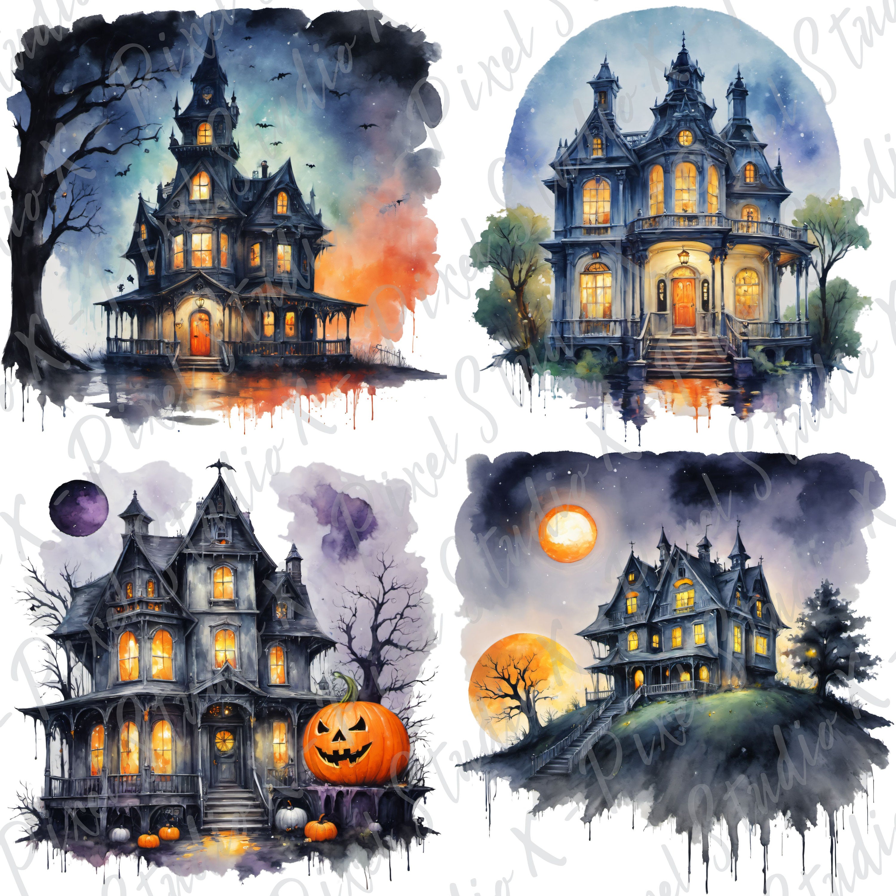 Watercolor Haunted House | 12 Watercolor Haunted Houses Clipart ...