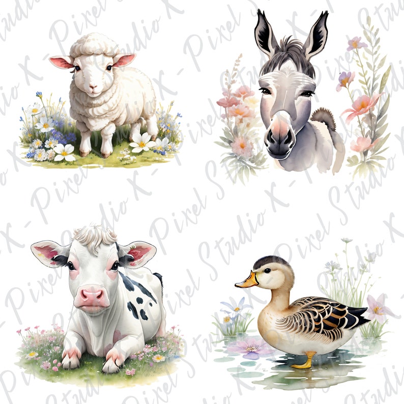 Watercolor Farm Animals PNG Bundle | 12 Cute Barnyard Animal Clipart ...