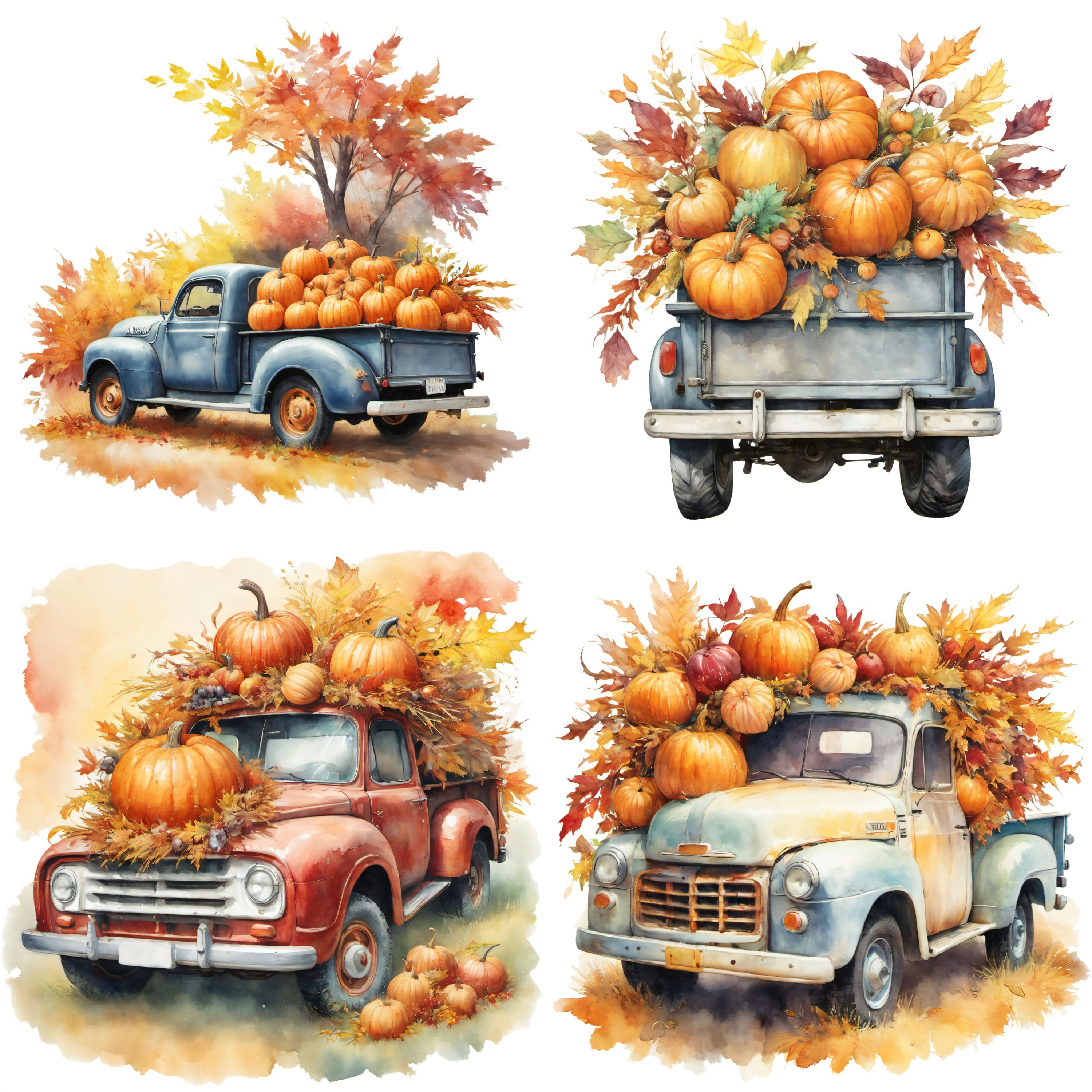 Watercolor Autumn Harvest Vintage Trucks | 12 Autumn Truck Clipart ...