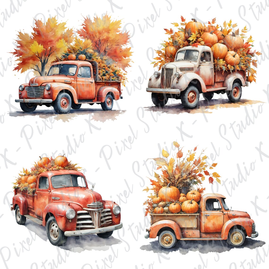 Watercolor Autumn Harvest Vintage Trucks | 12 Autumn Truck Clipart ...