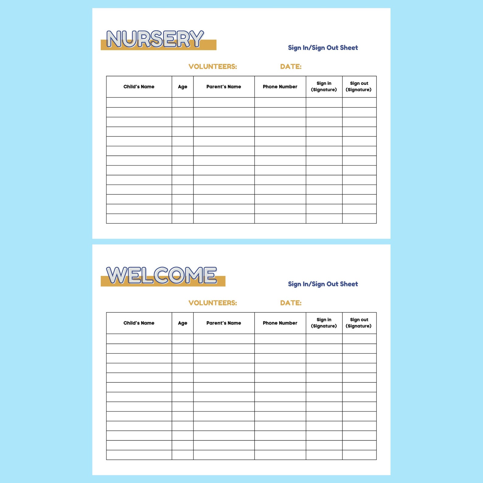 Nursery Sign-in Sheet: Kids Ministry Registration Form (instant ...