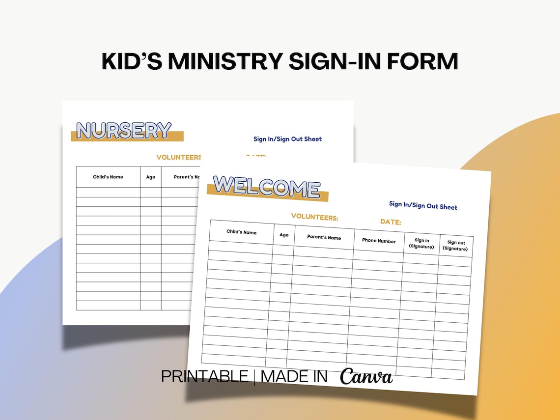Nursery Sign-in Sheet Kids Ministry Registration Form Printable PDF ...