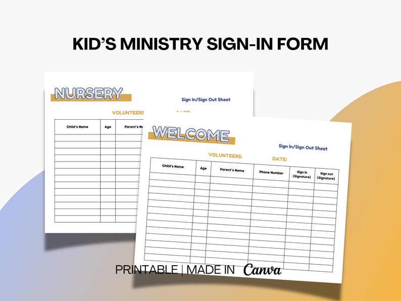 Nursery Sign-in Sheet Kids Ministry Registration Form Printable PDF ...