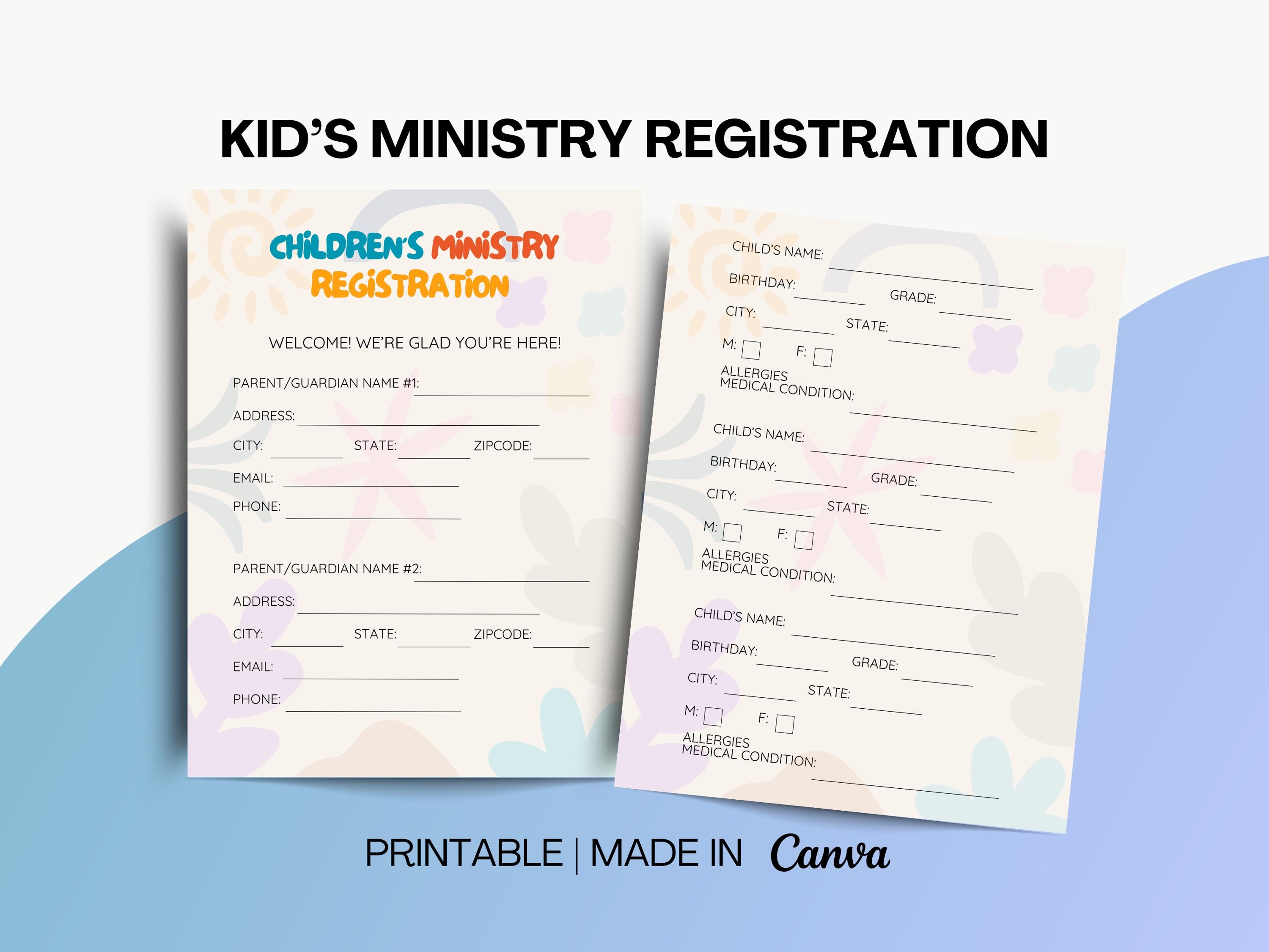 Children's Ministry Registration Form: Sunday School Printable (PDF ...