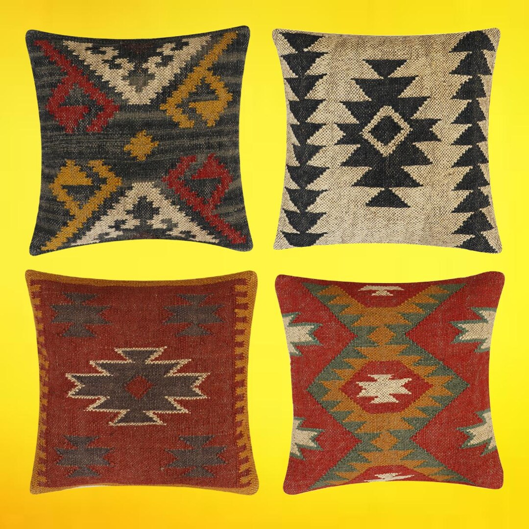 4 Set of Vintage Jute Cushion Cover Throw Indian Jute Cushions Handmade ...