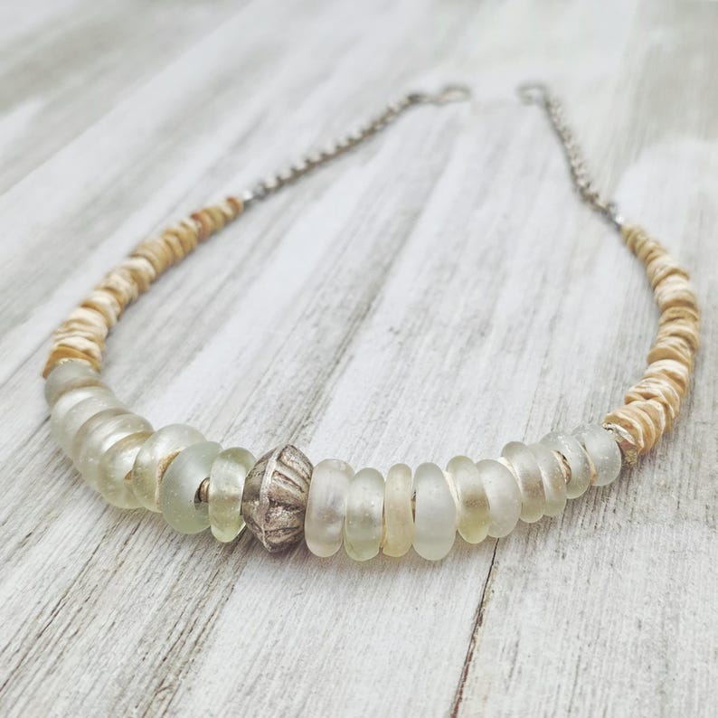 Antique Glass Dutch Donut and Ostrich Eggshell Necklace. Trade Bead ...
