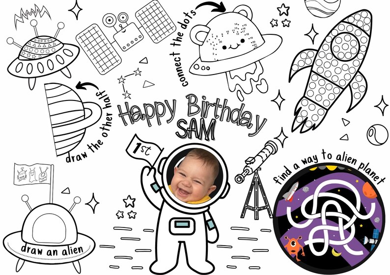 Space Birthday Coloring Placemat | Printable Birthday Party Coloring ...