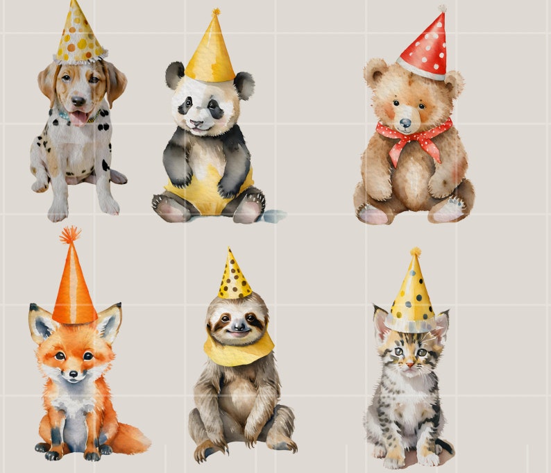 Watercolor Party Animals Clipart, Birthday Clipart, Cute Animals Png ...