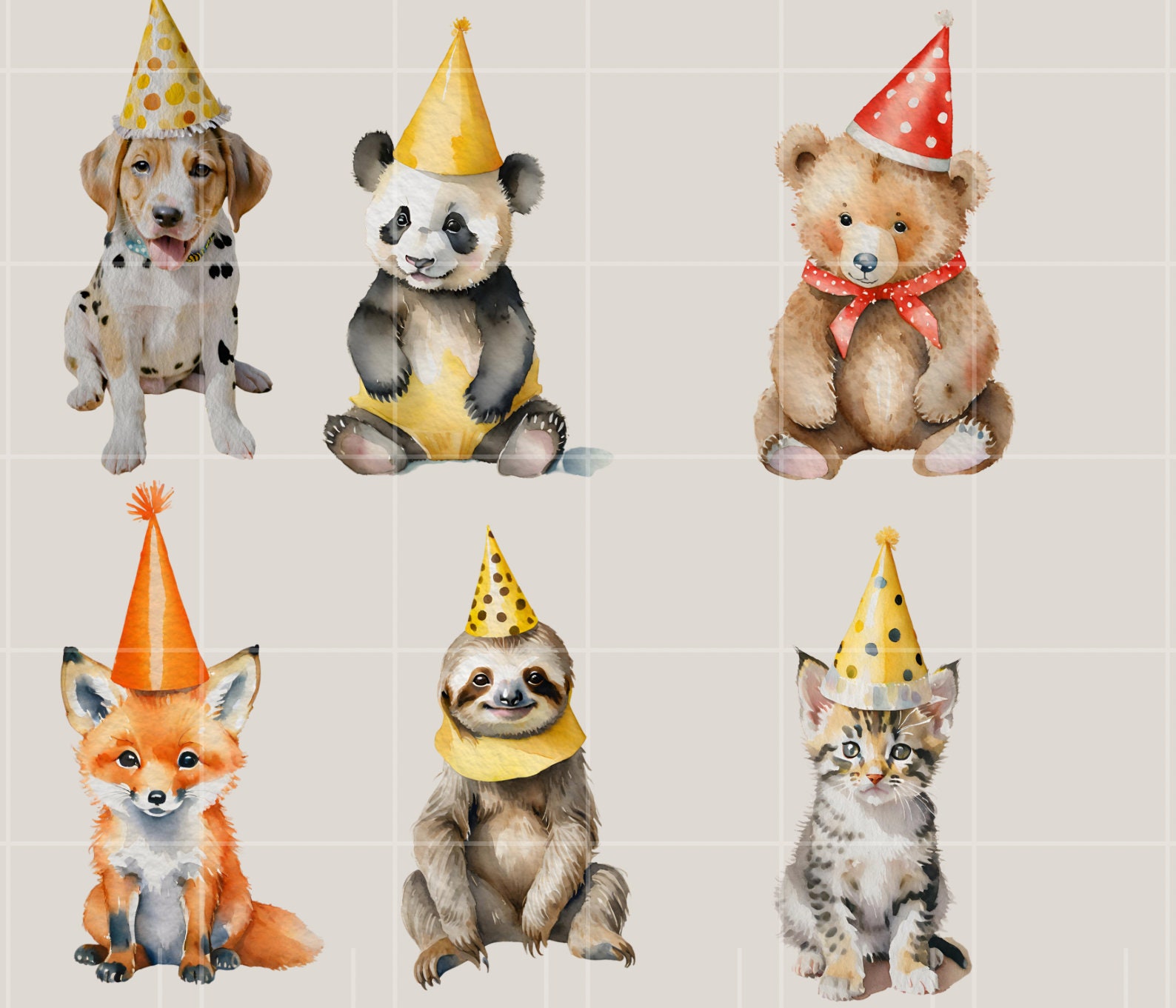 Watercolor Party Animals Clipart, Birthday PNG, 36 Piece Set (300 DPI ...