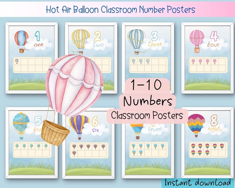 Classroom Number Posters 1-10, Classroom Decor, Number Posters, Hot Air ...
