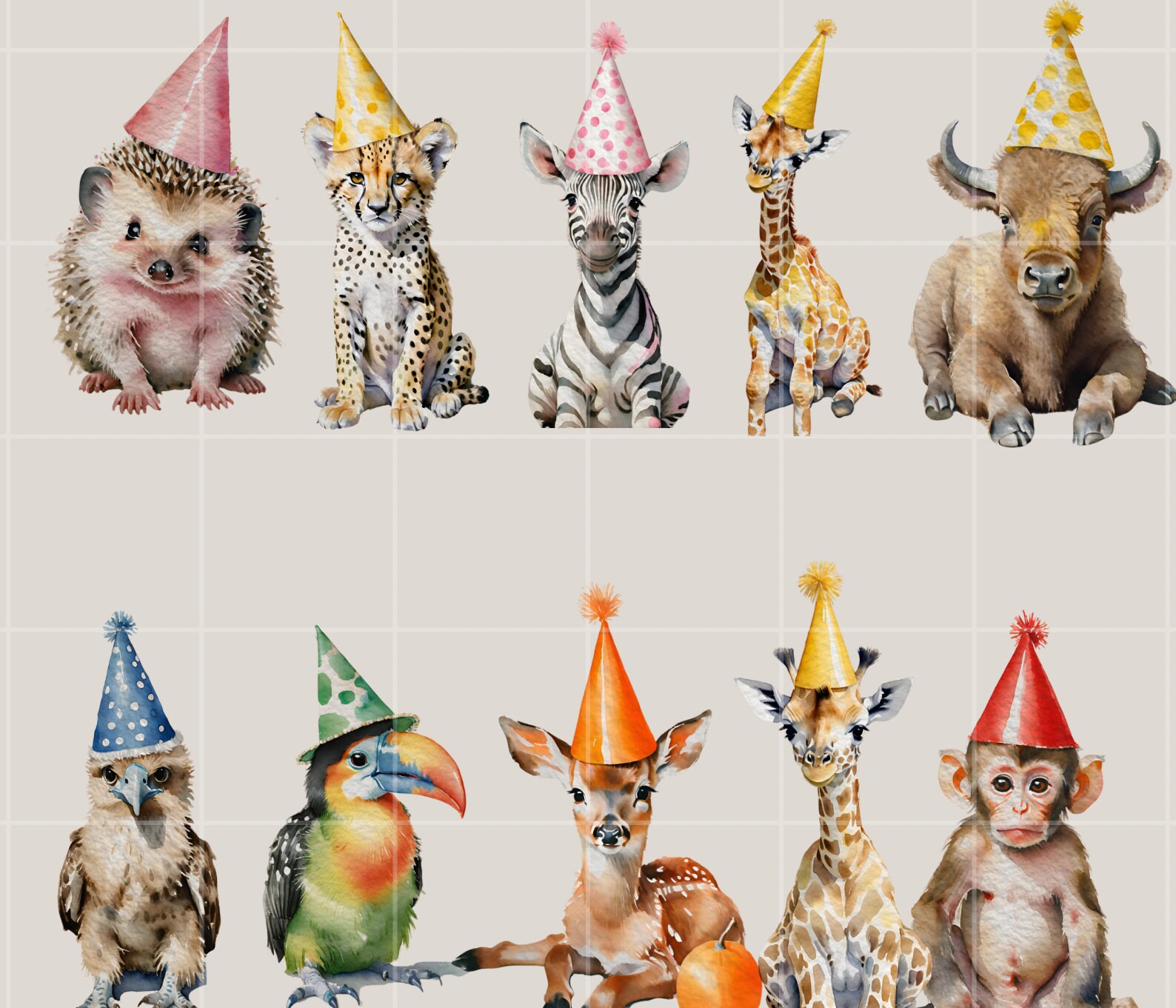 Watercolor Party Animals Clipart, Birthday PNG, 36 Piece Set (300 DPI ...