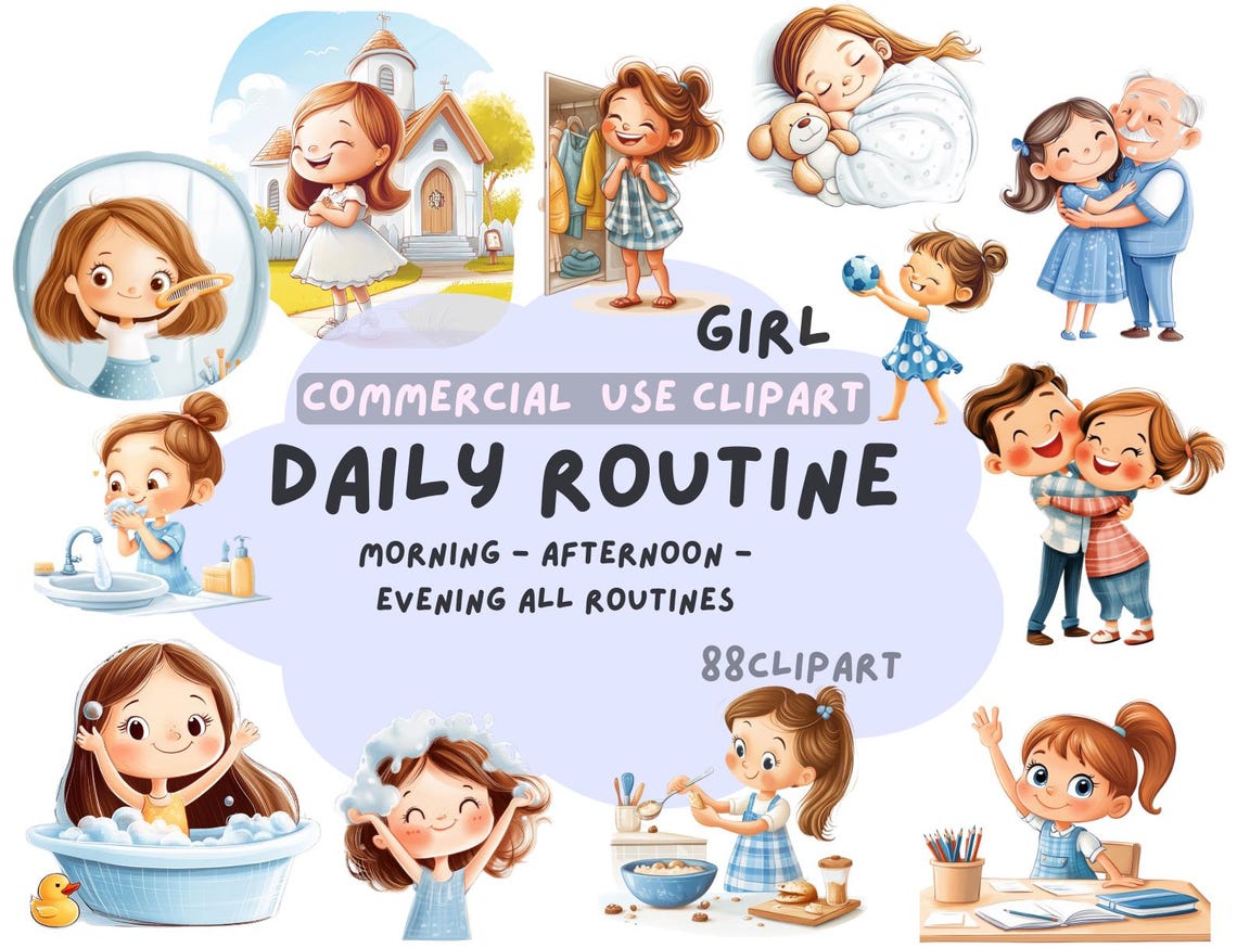 Girl Daily Routine Clipart: 88 PNG Illustrations (digital Download) - Etsy