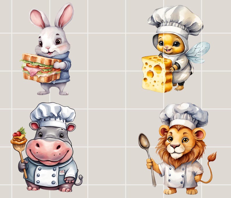 Chef Animals Clipart - Watercolor Animals- Cute Animals- 22 PNG Digital ...