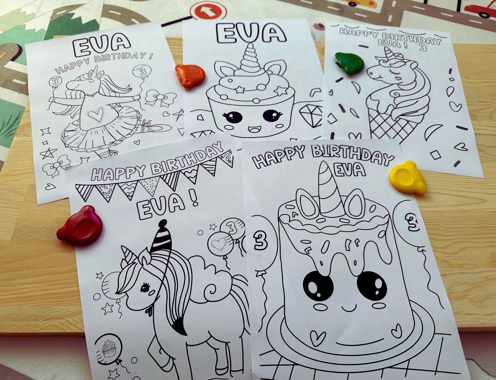 Unicorn Themed Birthday Coloring Pages for Kids, Set of 5, Editable ...