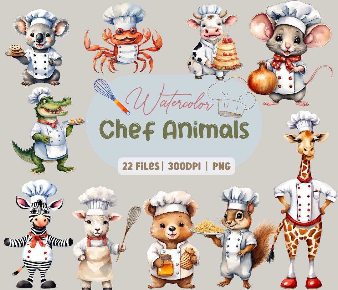 Chef Animals Clipart - Watercolor Animals- Cute Animals- 22 PNG Digital ...