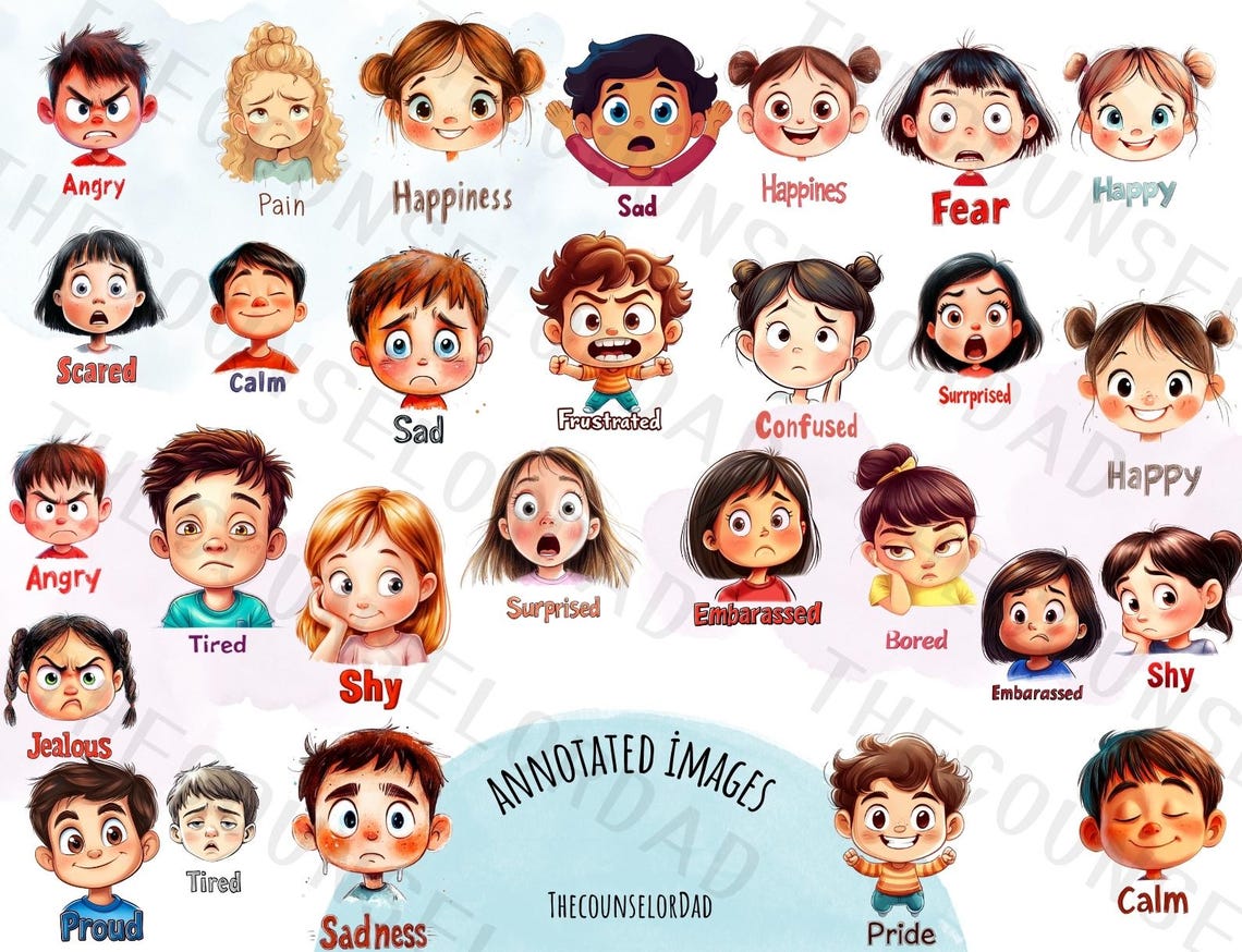 Kids Emotions Clipart Set -feelings Clip Art- Children Face Png Files ...