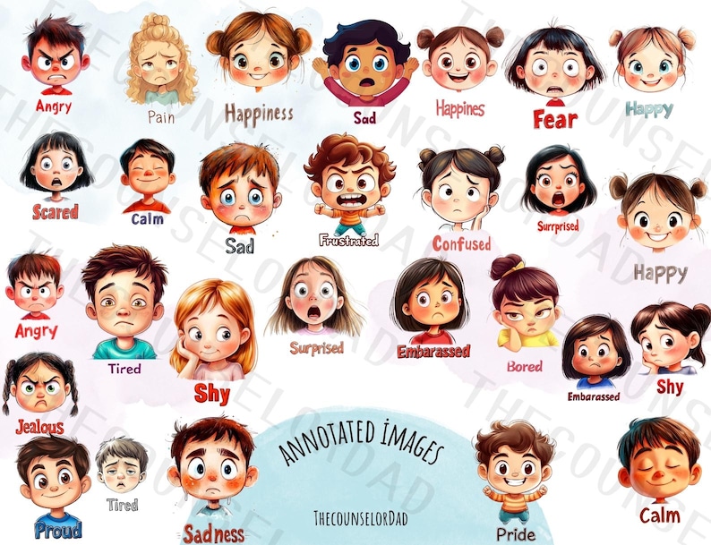Kids Emotions Clipart Set -feelings Clip Art- Children Face Png Files ...
