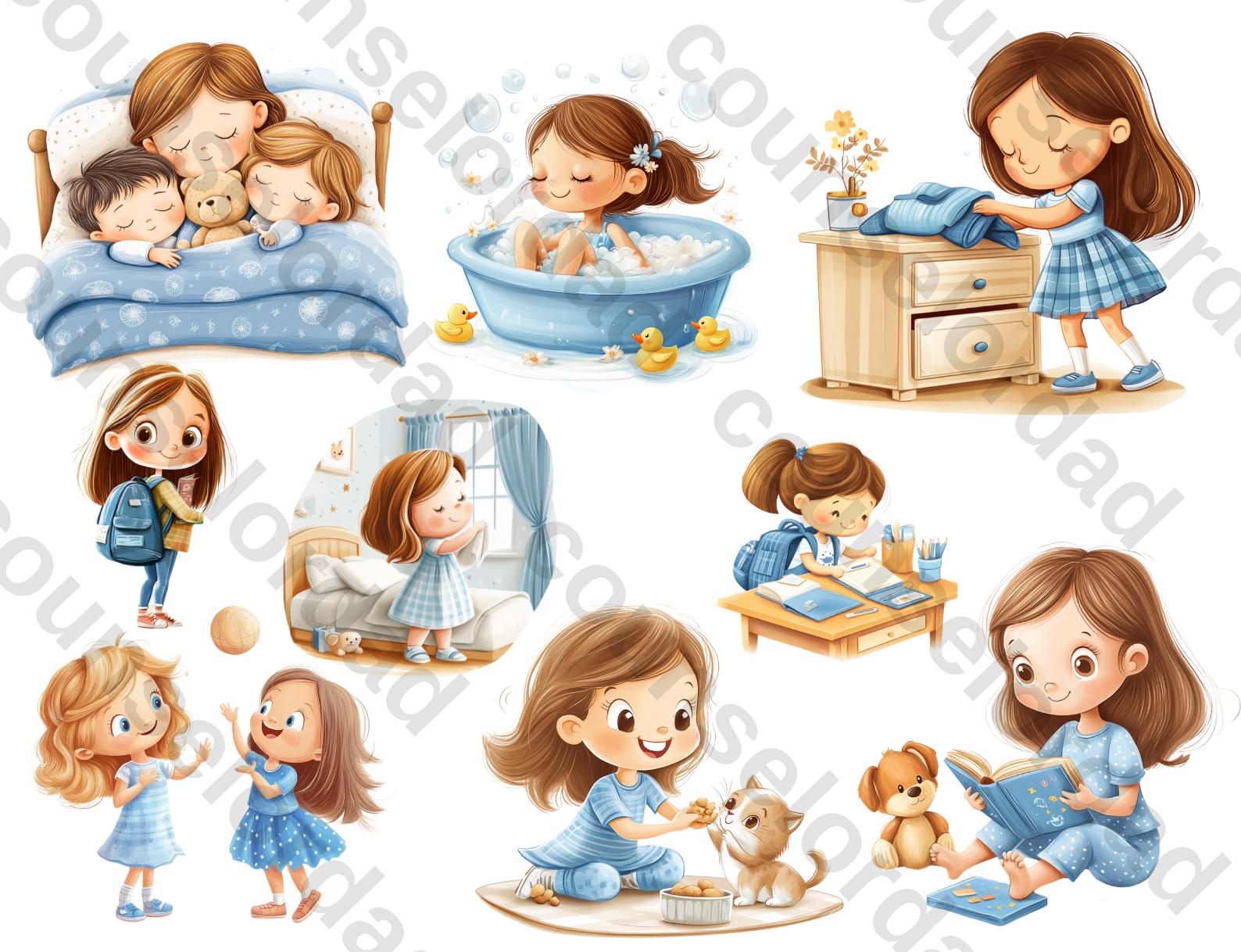 Girl Daily Routine Clipart: 88 PNG Illustrations (digital Download) - Etsy