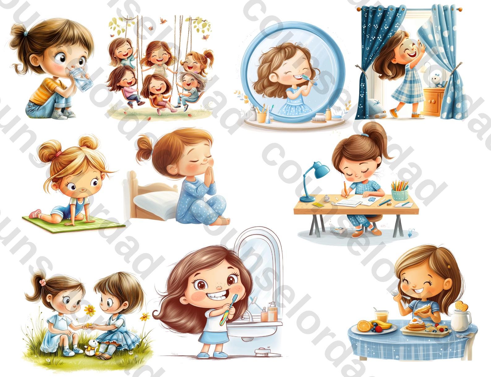 Girl Daily Routine Clipart: 88 PNG Illustrations (digital Download) - Etsy