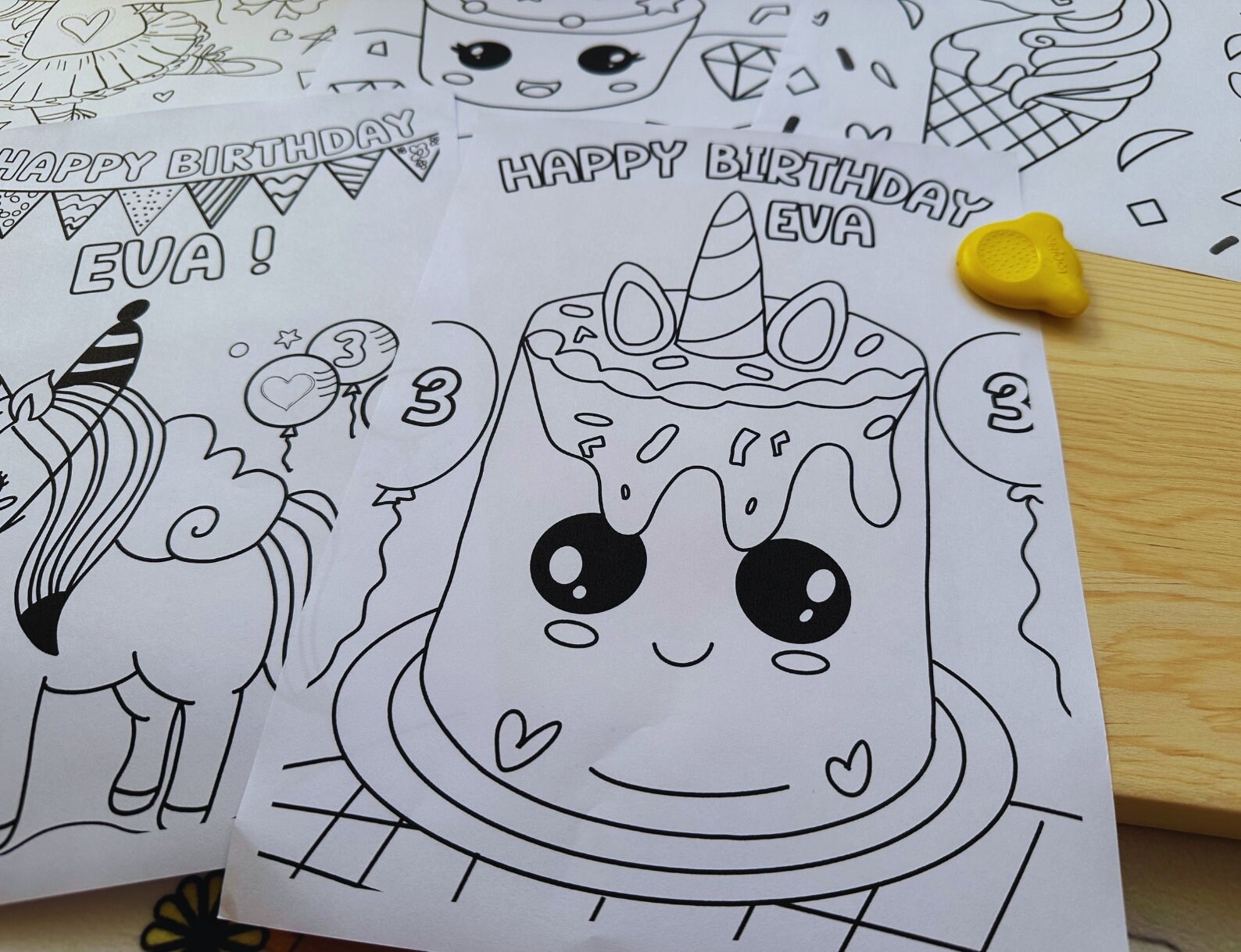 Unicorn Themed Birthday Coloring Pages for Kids, Set of 5, Editable ...
