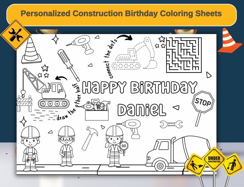Personalized Construction Truck Birthday Placemat for Coloring, Trucks ...