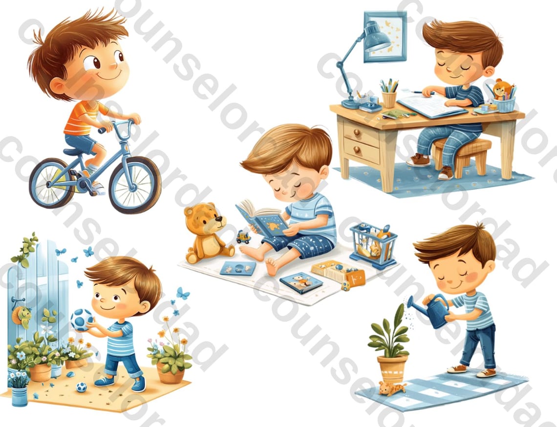 Boy Daily Routine Clipart Set - 53 PNG Illustrations With Transparent ...
