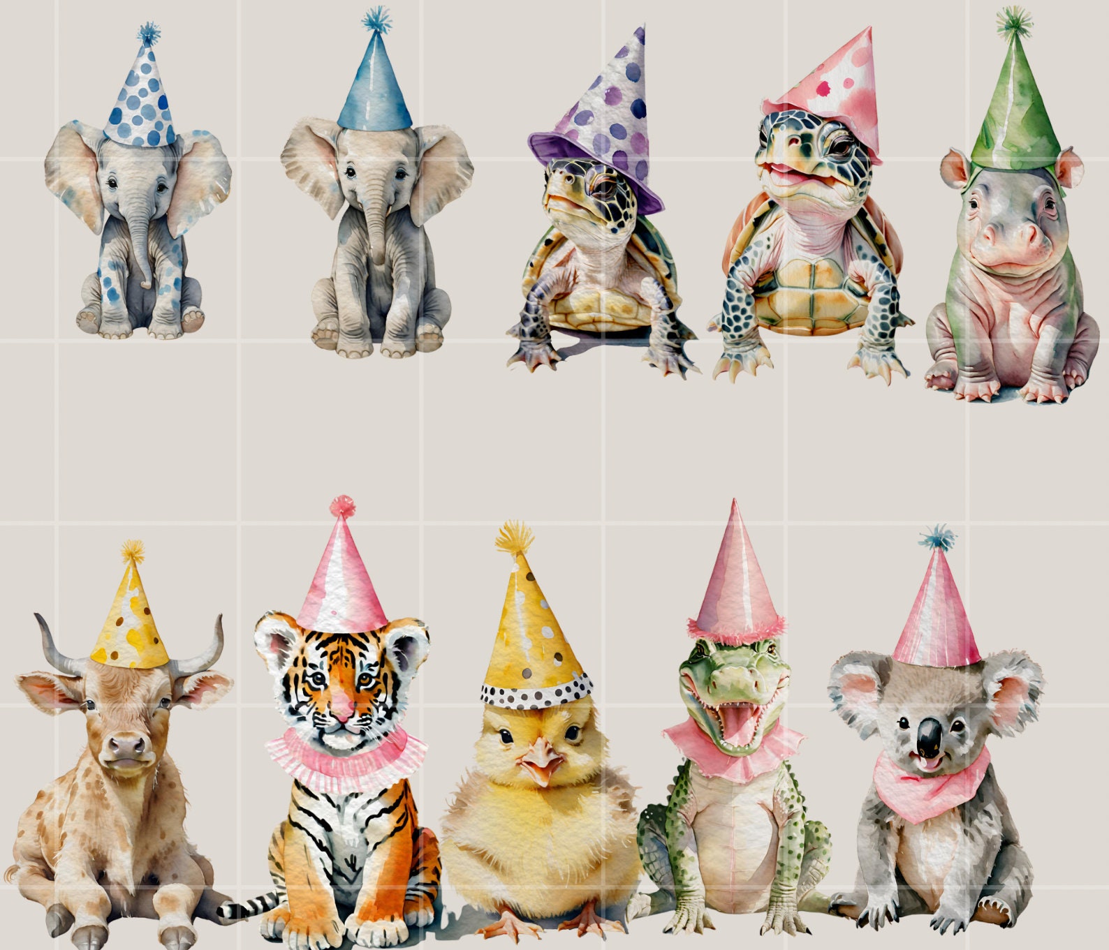 Watercolor Party Animals Clipart, Birthday Clipart, Cute Animals Png ...