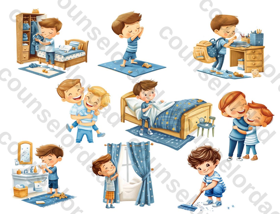 Boy Daily Routine Clipart Set - 53 PNG Illustrations With Transparent ...