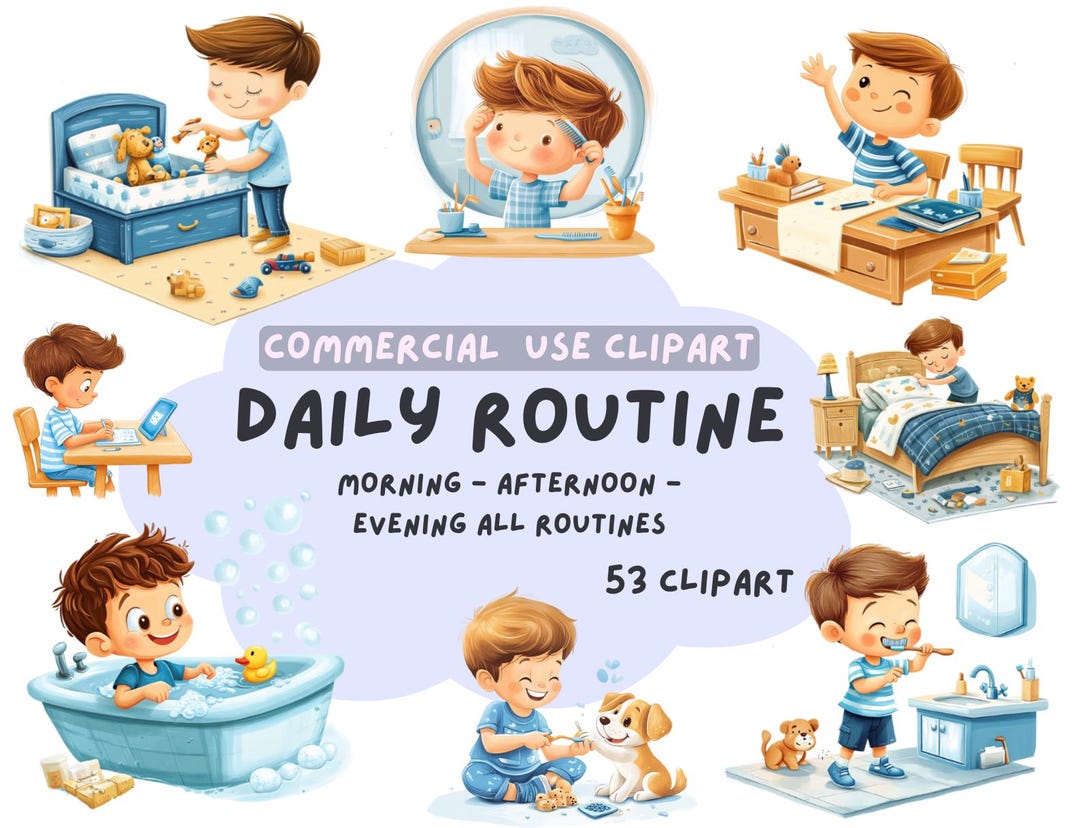 Boy Daily Routine Clipart Set - 53 PNG Illustrations With Transparent ...
