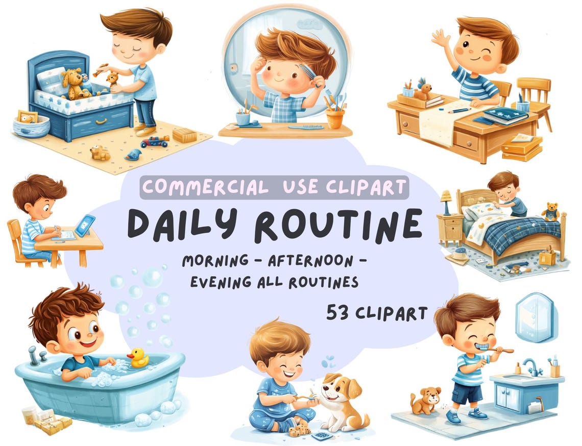 Boy Daily Routine Clipart Set - 53 PNG Illustrations With Transparent ...