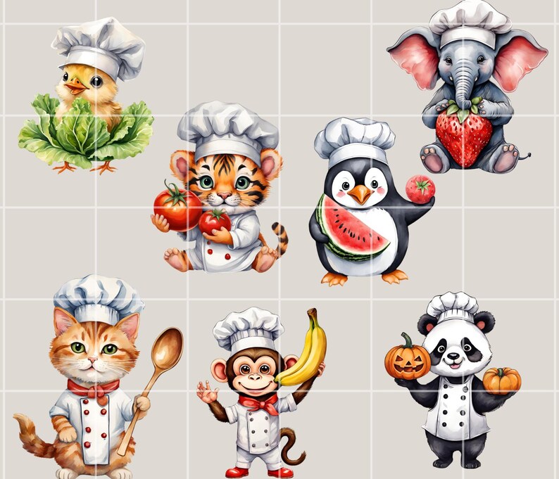 Chef Animals Clipart - Watercolor Animals- Cute Animals- 22 PNG Digital ...