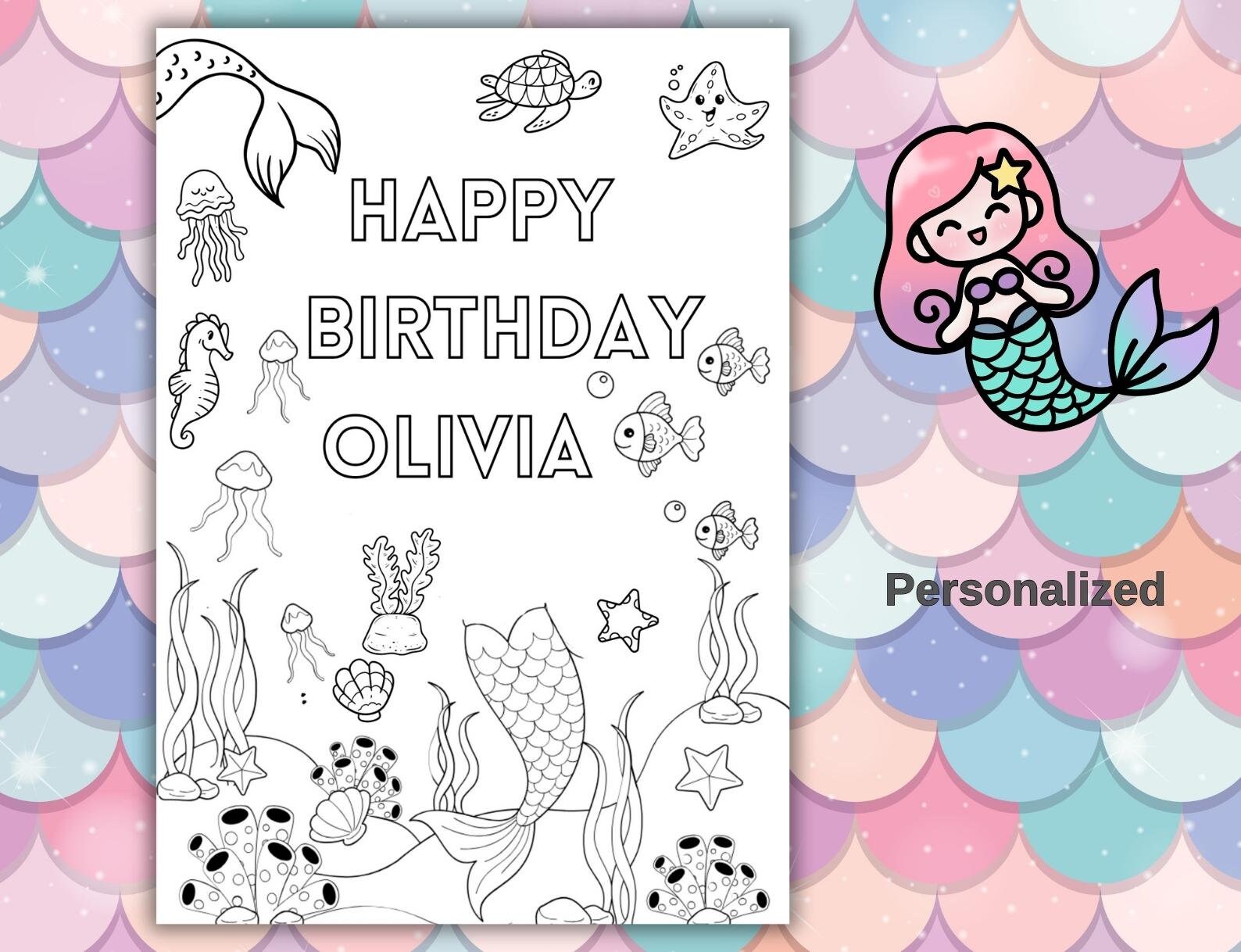 Personalized Mermaid Birthday Coloring Pages (PDF) - Etsy