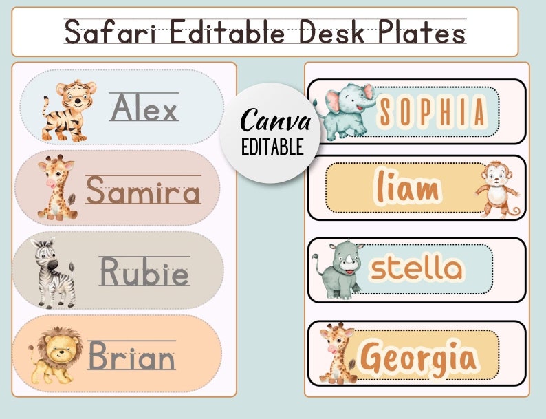 Safari Classroom Desk Plates: Editable Name Tags Template (canva) - Etsy