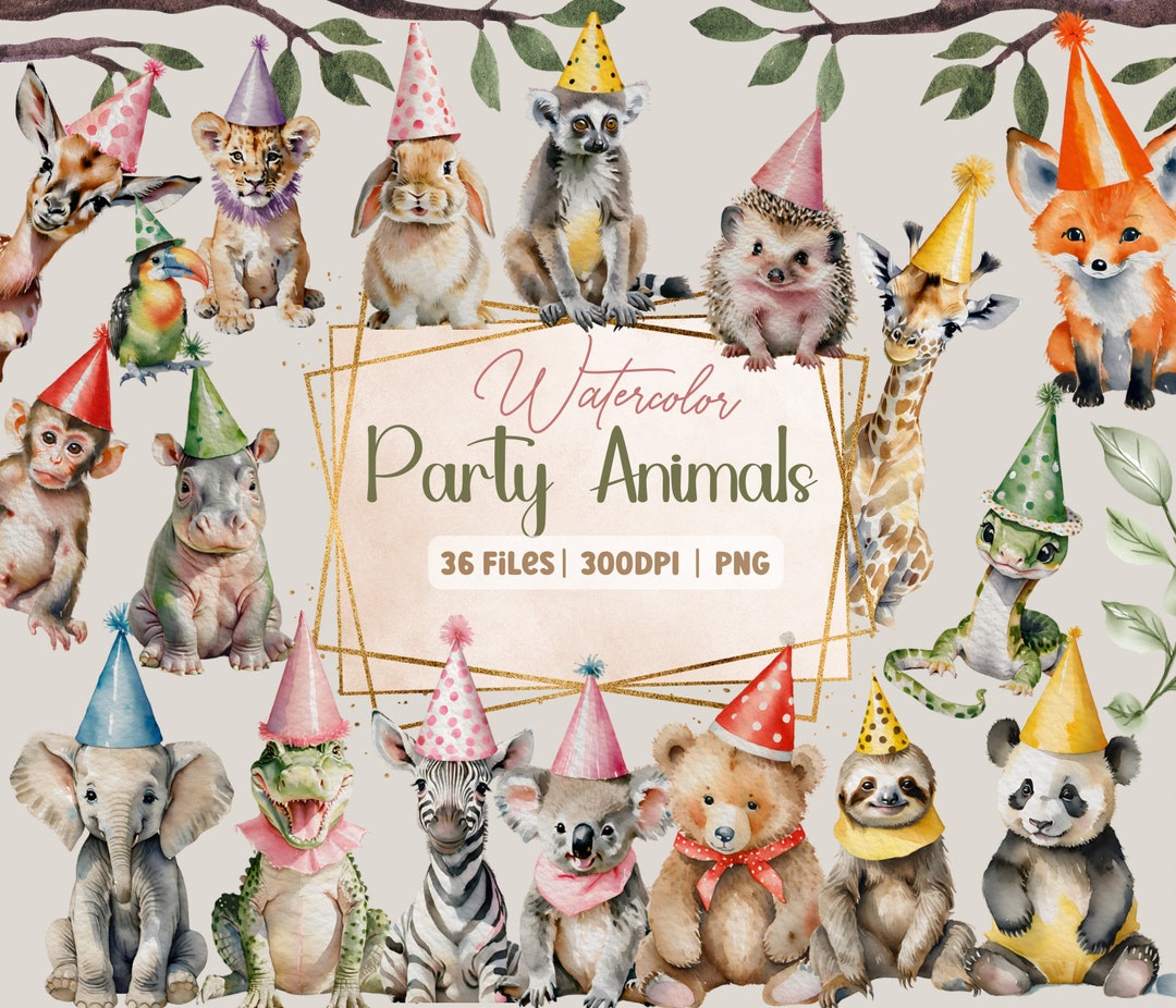Watercolor Party Animals Clipart, Birthday Clipart, Cute Animals Png ...