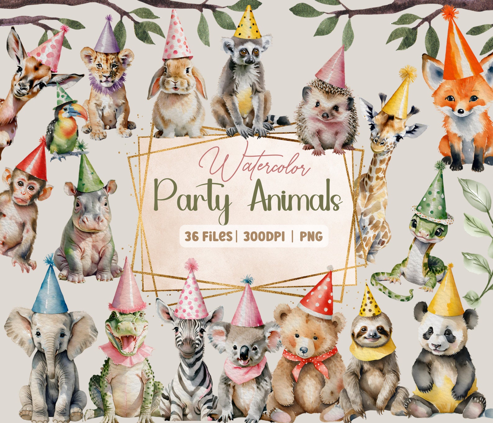 Watercolor Party Animals Clipart, Birthday Clipart, Cute Animals Png ...