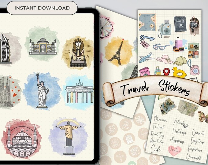 50 Digital Travel Stickers, Stickers Sheets, Digibujo Stickers, Travel ...
