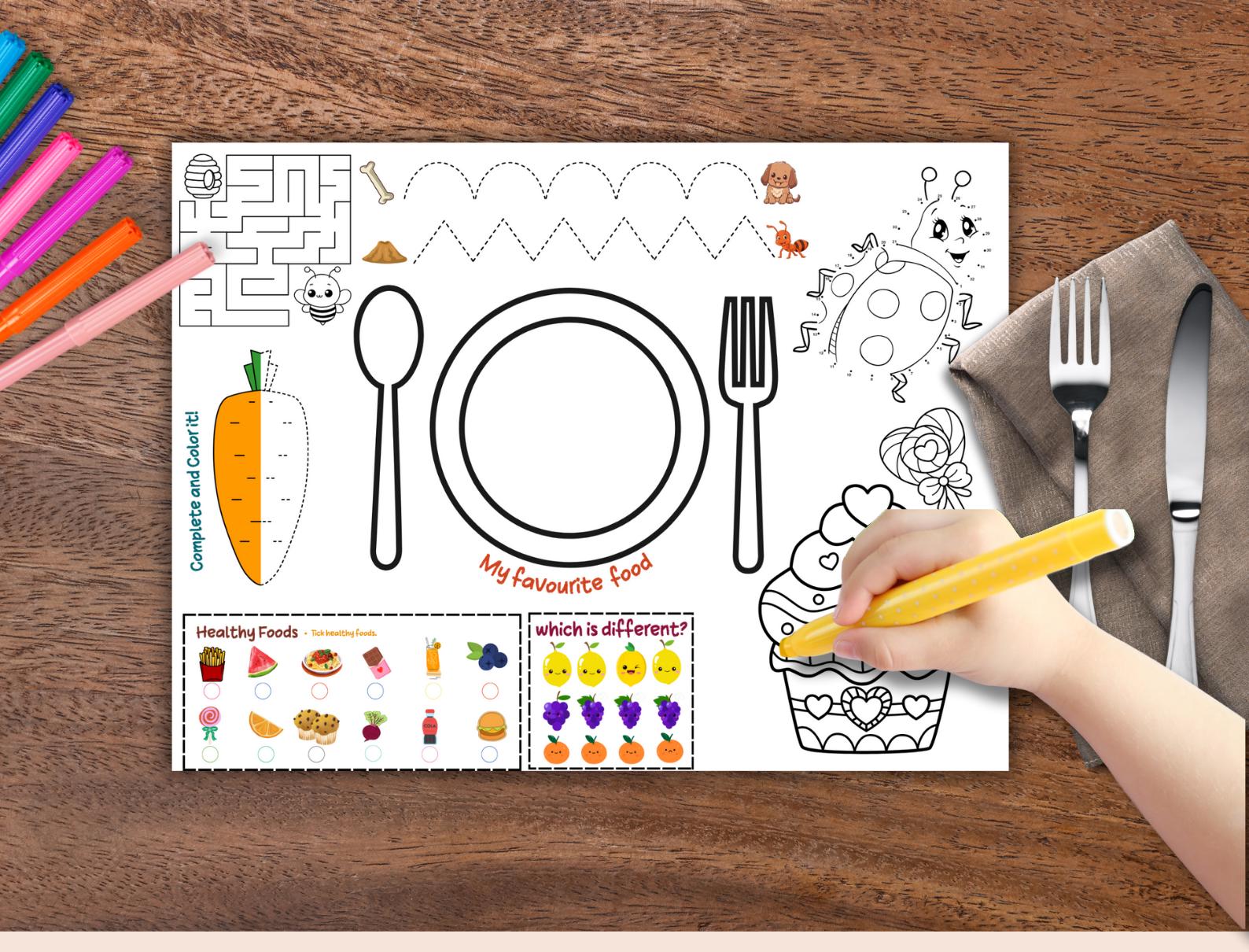 Restaurant Kids Activity Placemat: Fun Coloring & Puzzles (digital ...