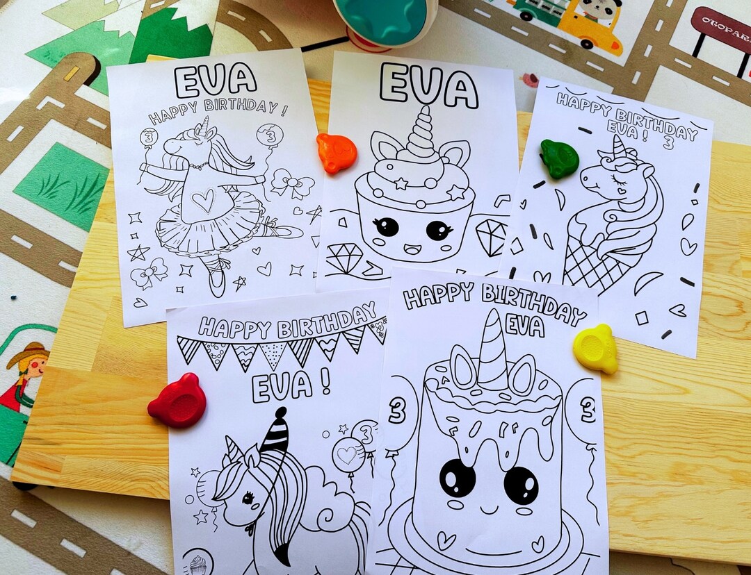 Unicorn Themed Birthday Coloring Pages for Kids, Set of 5, Editable ...