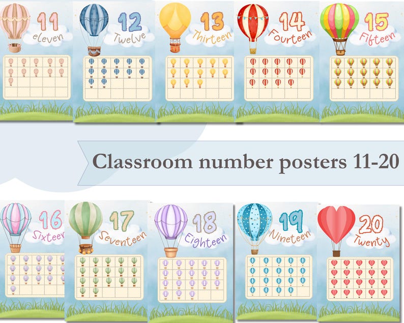 Number Posters 11-20 | Hot Air Balloon Theme | Preschool and Elementary ...
