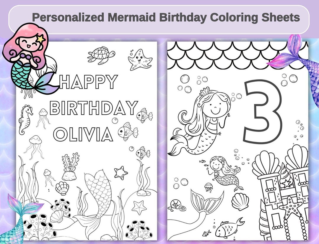 Personalized Mermaid Birthday Coloring Pages (PDF) - Etsy